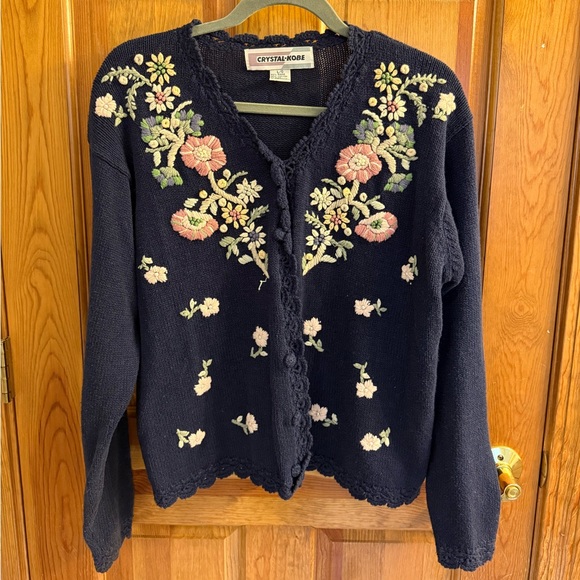 Crystal Kobe | Sweaters | Vintage Crystal Kobe Navy Floral Embroidered ...